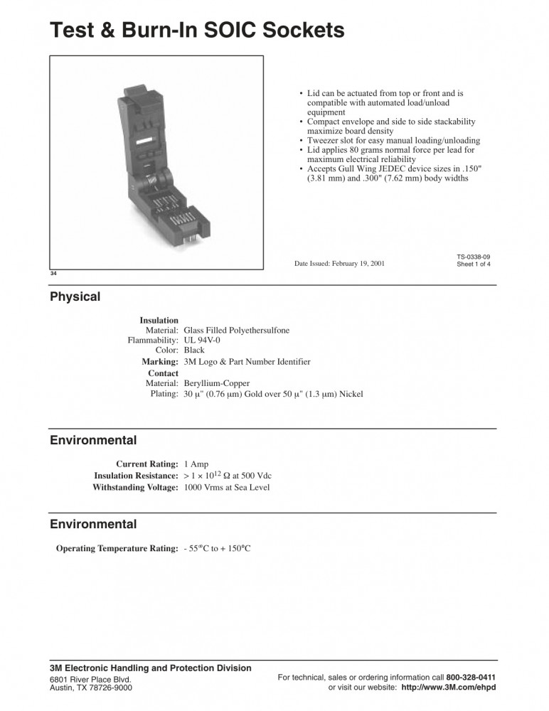 3M TS-0338-09 SOIC socket technical sheet page 1
