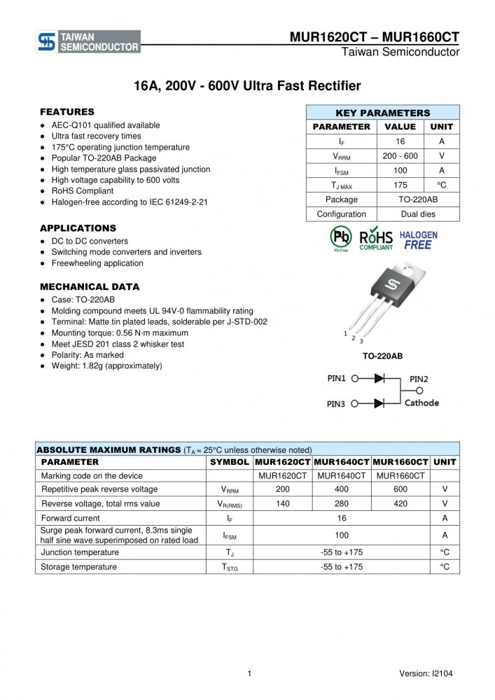 MUR1640CT datasheet page 1