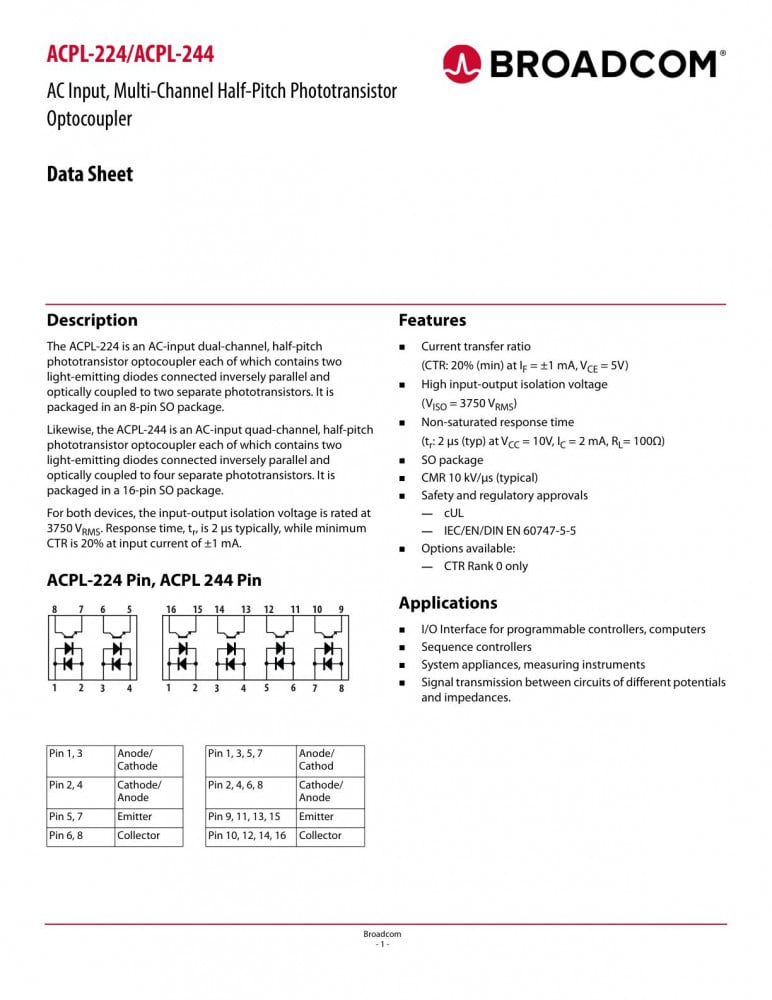 ACPL-224-500E datasheet page 1