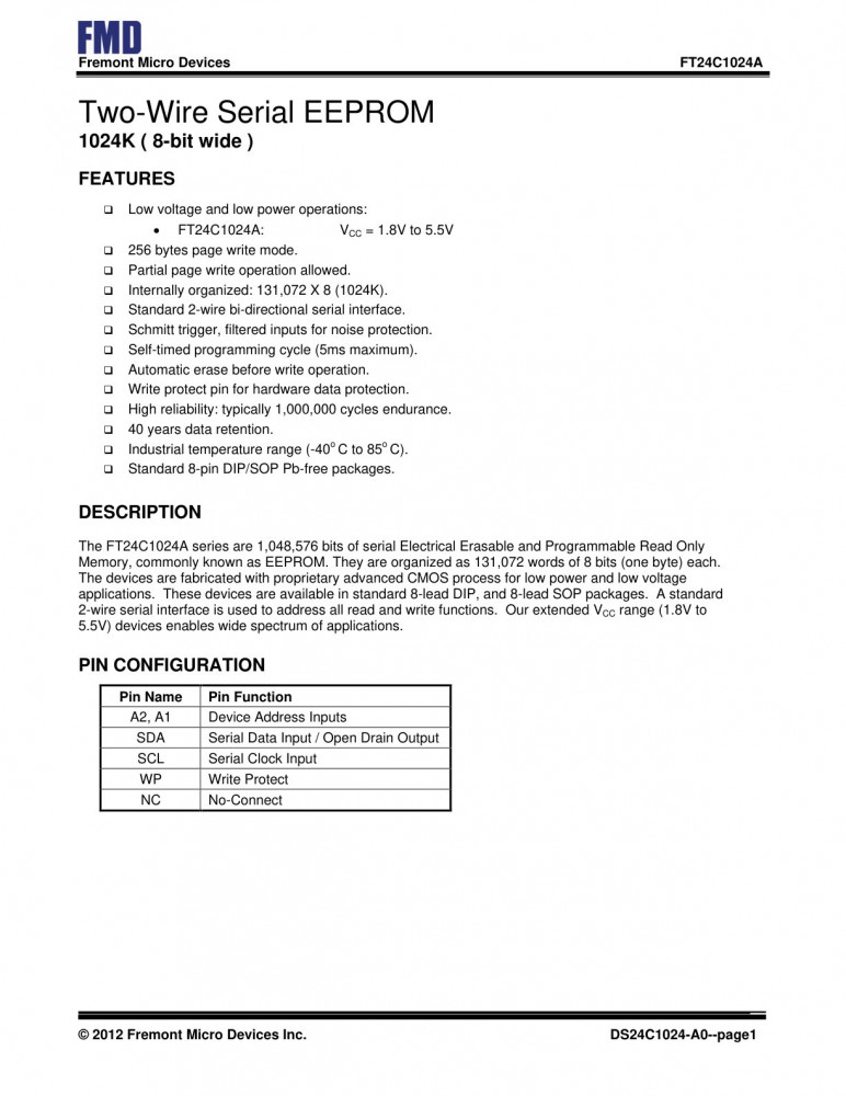FT24C1024A datasheet page 1