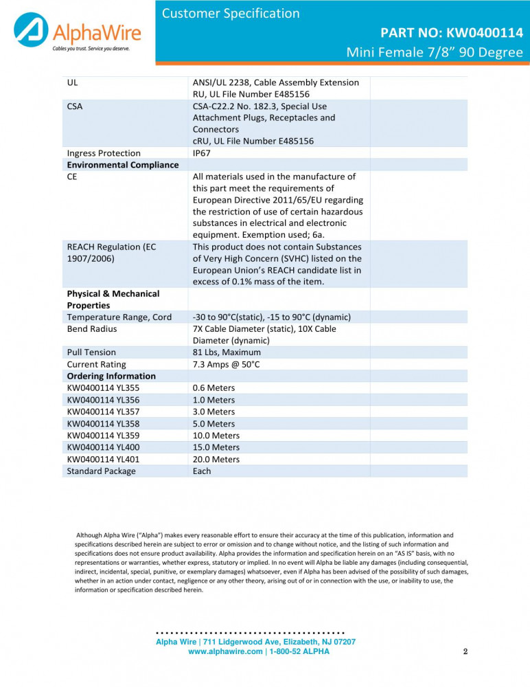 Alpha Wire KW0400114 YL358 technical drawing page 2