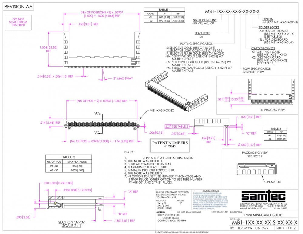 Samtec MB1 series technical drawing page 1