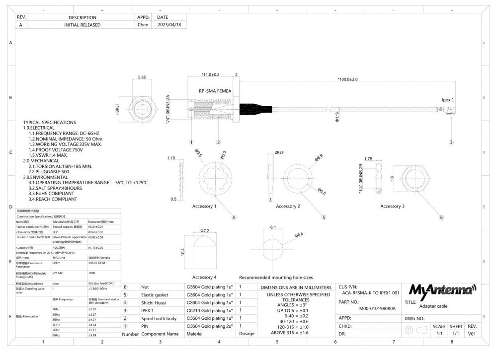 ACA-RFSMA-K TO IPEX1 001 technical drawing page 1