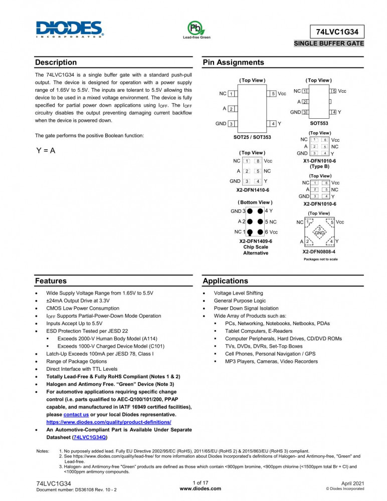 74LVC1G34FS3-7 datasheet page 1
