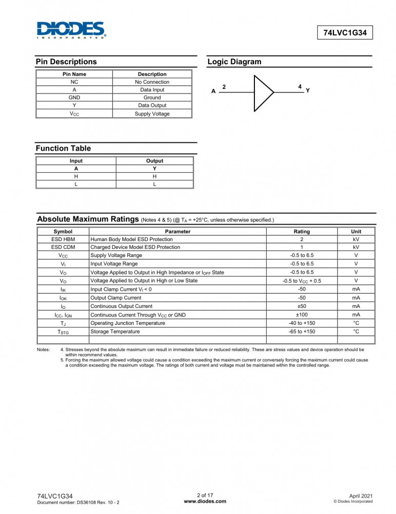 74LVC1G34FS3-7 datasheet page 2