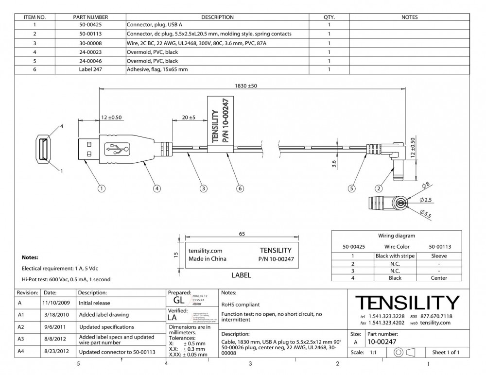 Tensility International 10-00247 product drawing and wiring information
