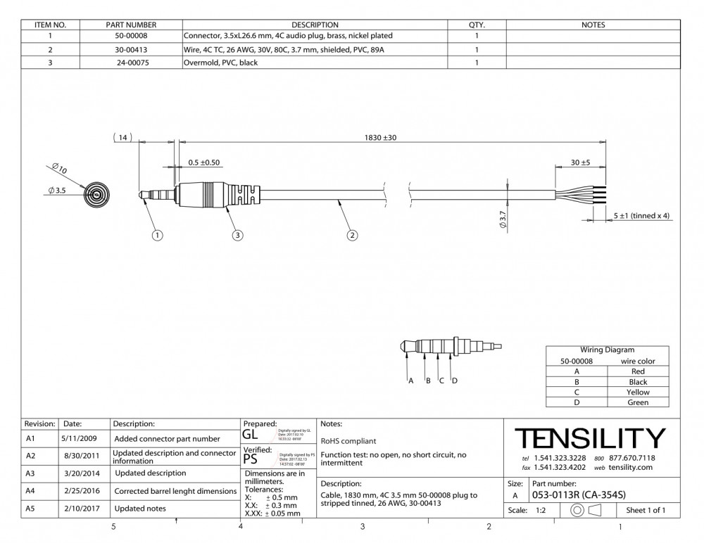 Tensility 053-0113R cable assembly drawing