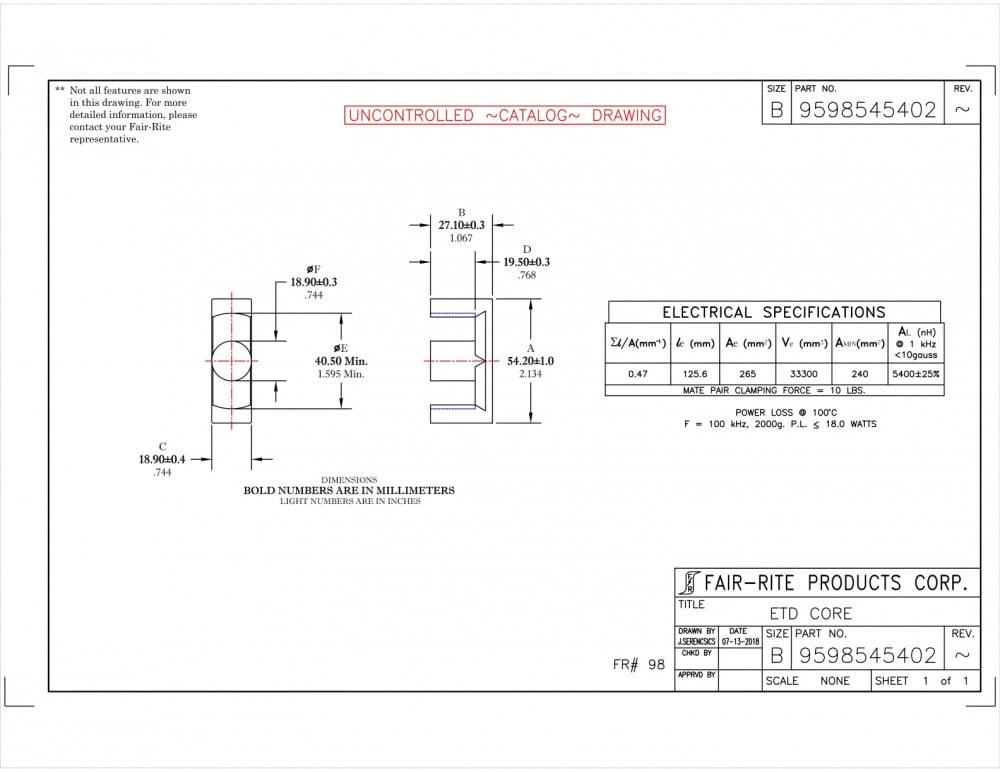 Fair-Rite 9598545402 ETD core technical drawing