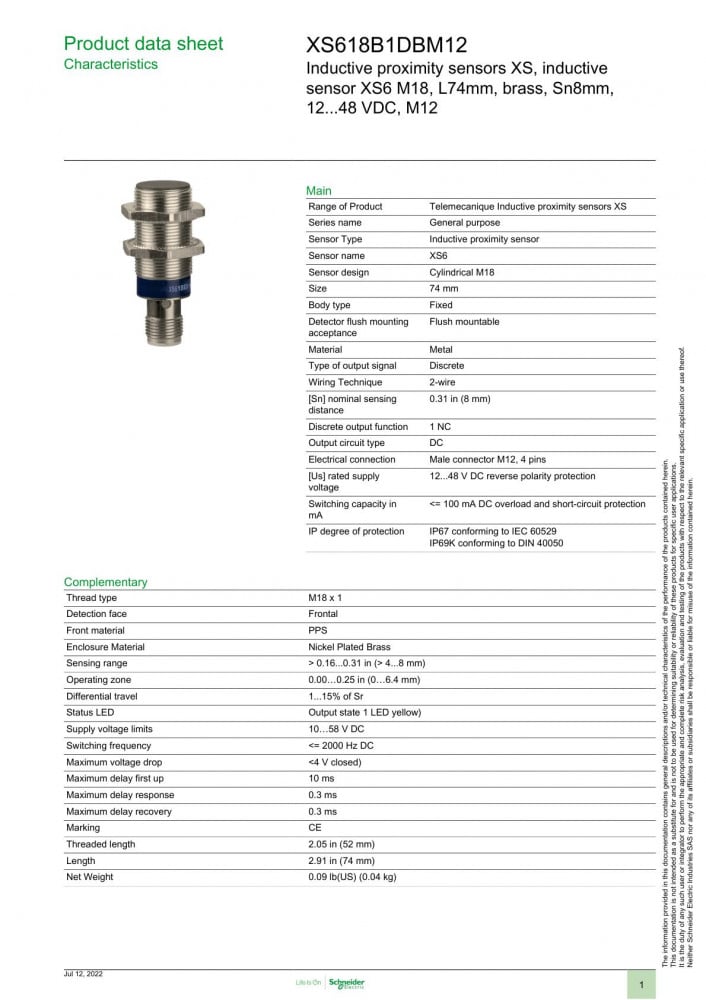 XS618B1DBM12 technical document page 1