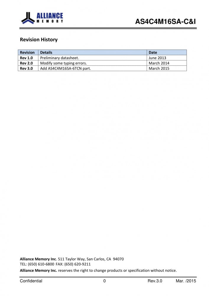 AS4C4M16SA-6BIN datasheet page 1