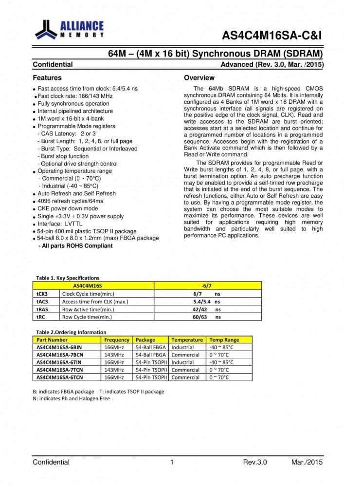 AS4C4M16SA-6BIN datasheet page 2