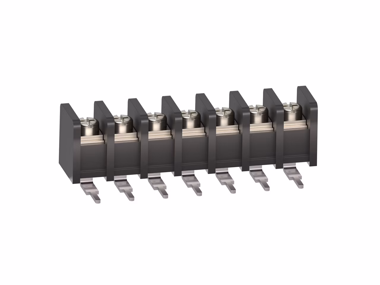 8.26mm Pitch, Single Row, Dual-Barrier Terminal Strip, Right Angle Terminals without Mounting Ends, Black, Steel Screws, 7 Circuits for sale