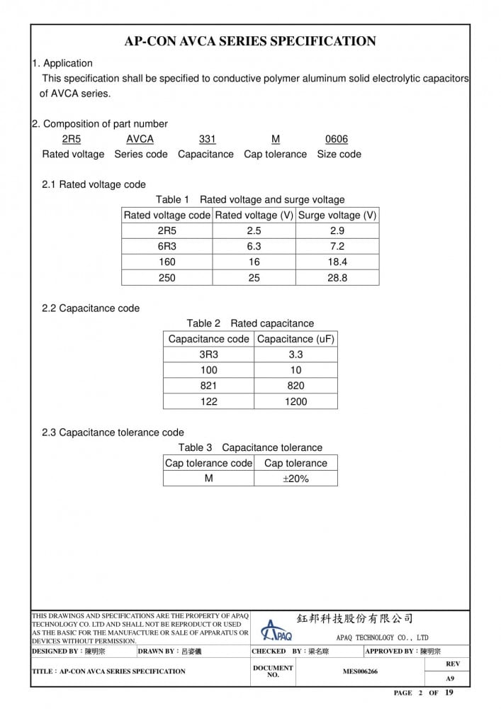APAQ AVCA specification page 2