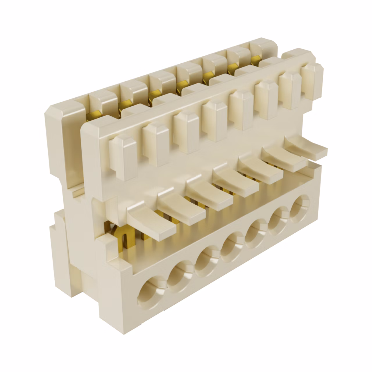 Appli-Mate RAST 2.5 Connector, 2.50mm Pitch, Female, 7 Circuits, Positions A, B, C, D, E, F, G, and H Removed, Polarizing Rib Between 2/3, Locking Pips, Slotted Endwalls, Brown Color Stripe, Tin Plating