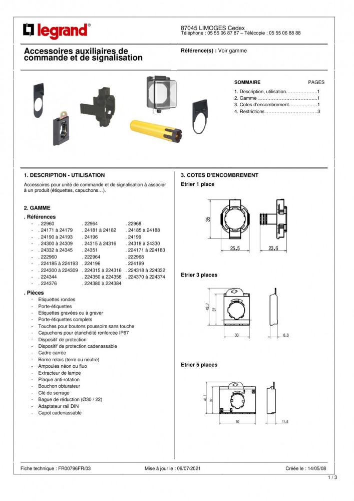 Legrand accessory-family technical document, page 1