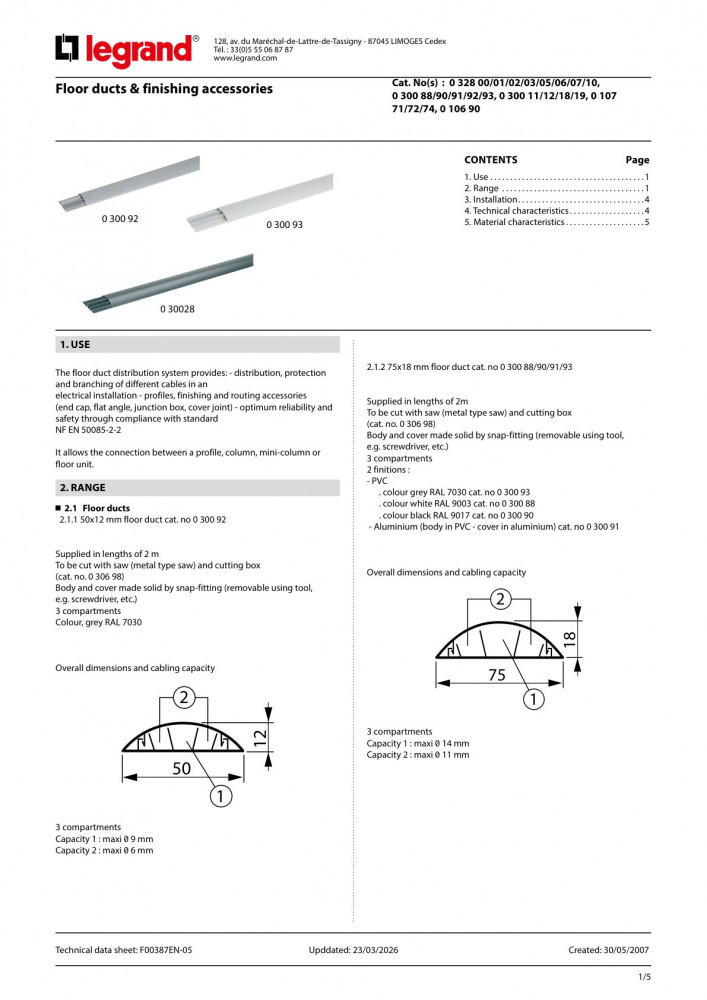 Legrand floor ducts and finishing accessories document, page 1