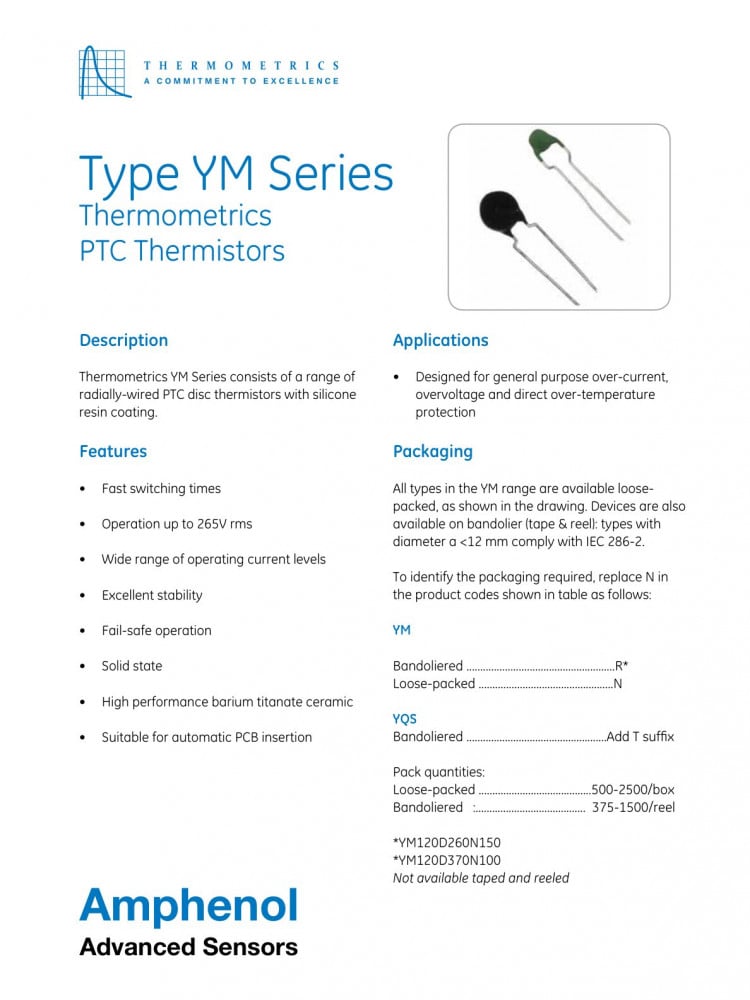 Amphenol YM and YQS series thermistor specification page