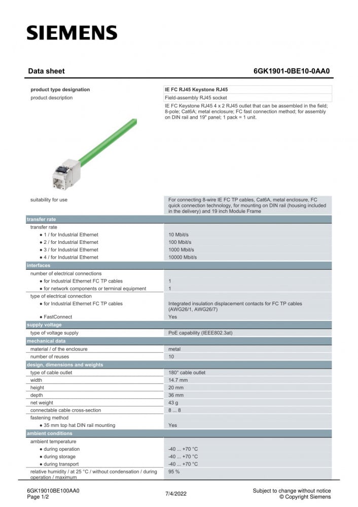 SIEMENS 6GK19010BE100AA0 datasheet page 1