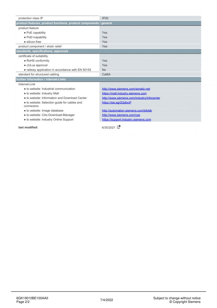 SIEMENS 6GK19010BE100AA0 datasheet page 2