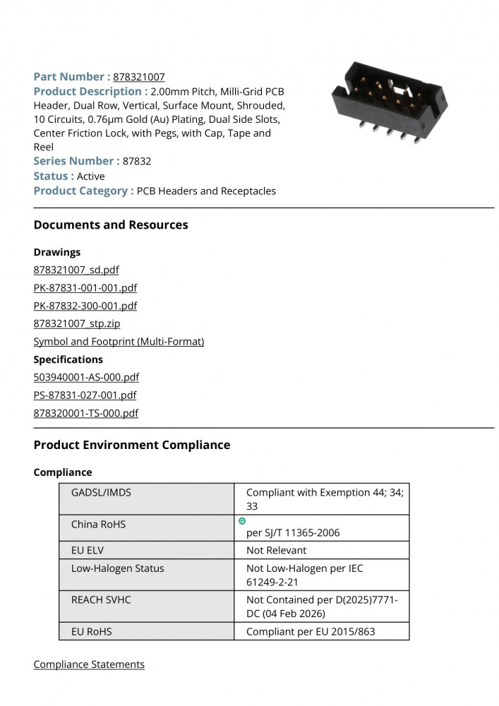 Technical document page 1 for MOLEX 878321007