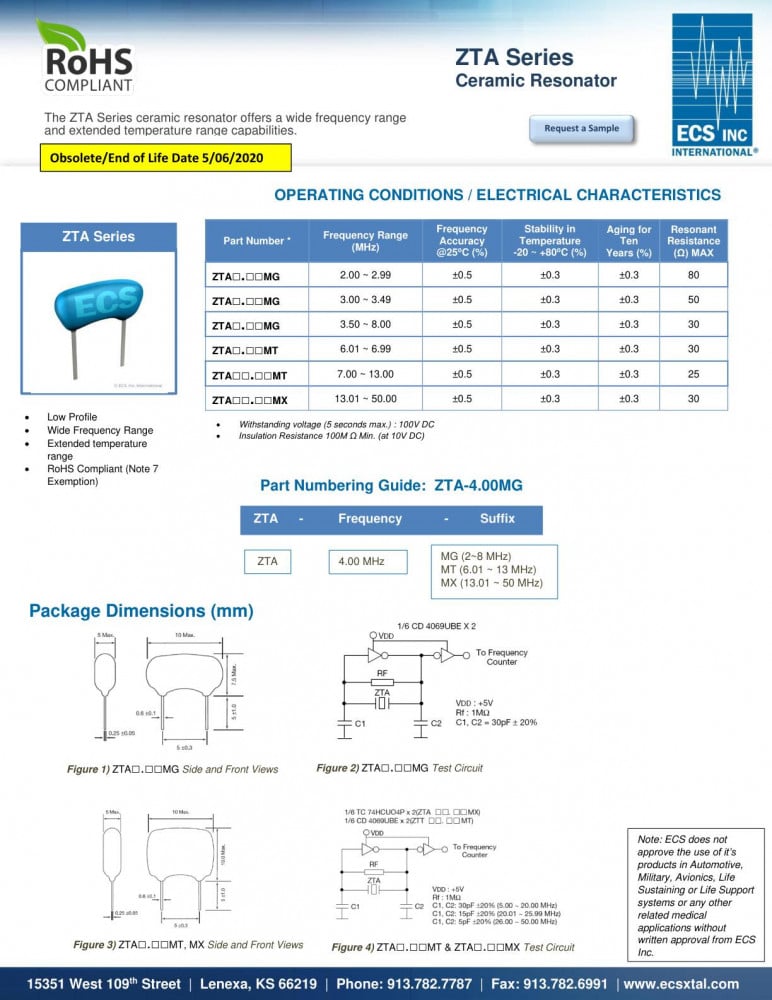 ECS ZTA ceramic resonator technical document page