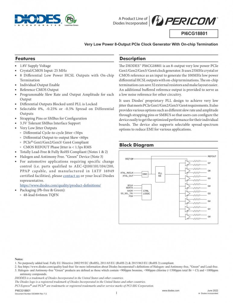 PI6CG18801 datasheet page 1