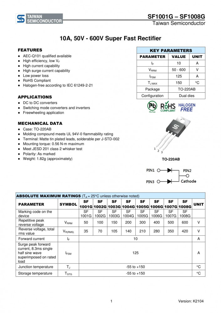 SF1002G datasheet page 1