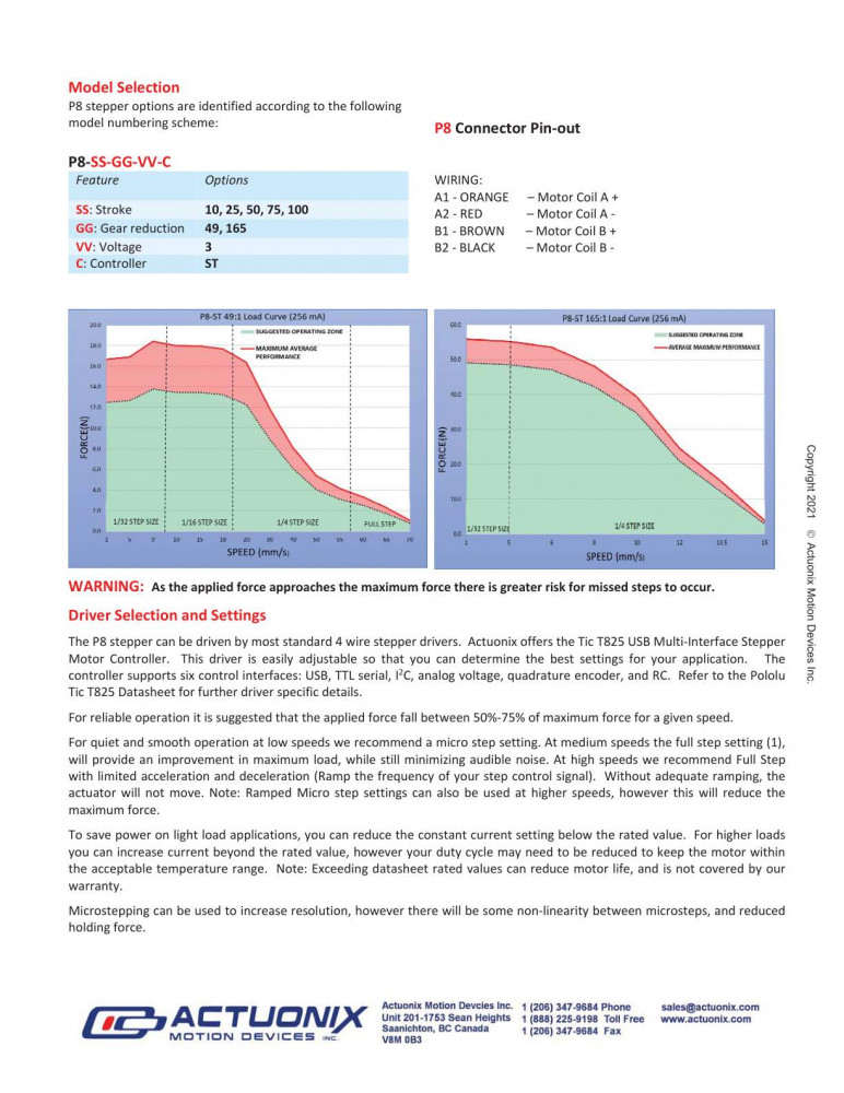 Actuonix P8 stepper actuator datasheet page 2