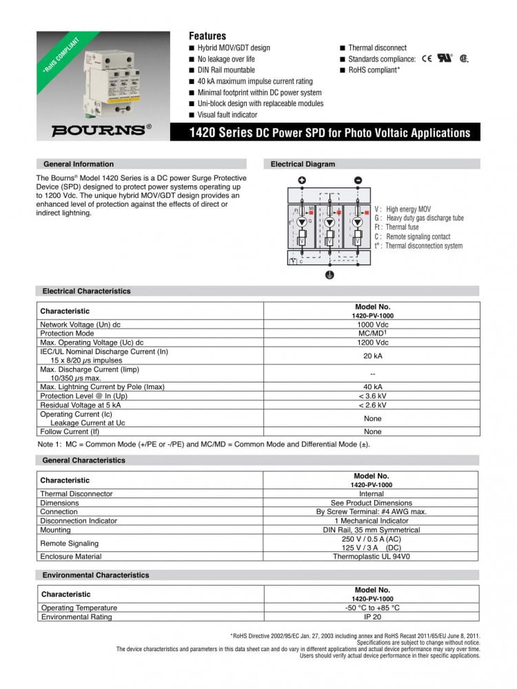BOURNS 1420-PV-1000 datasheet page 1