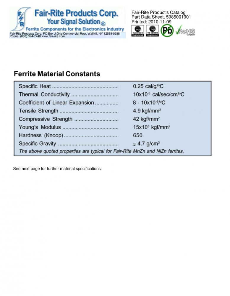 Fair-Rite 85 material specifications