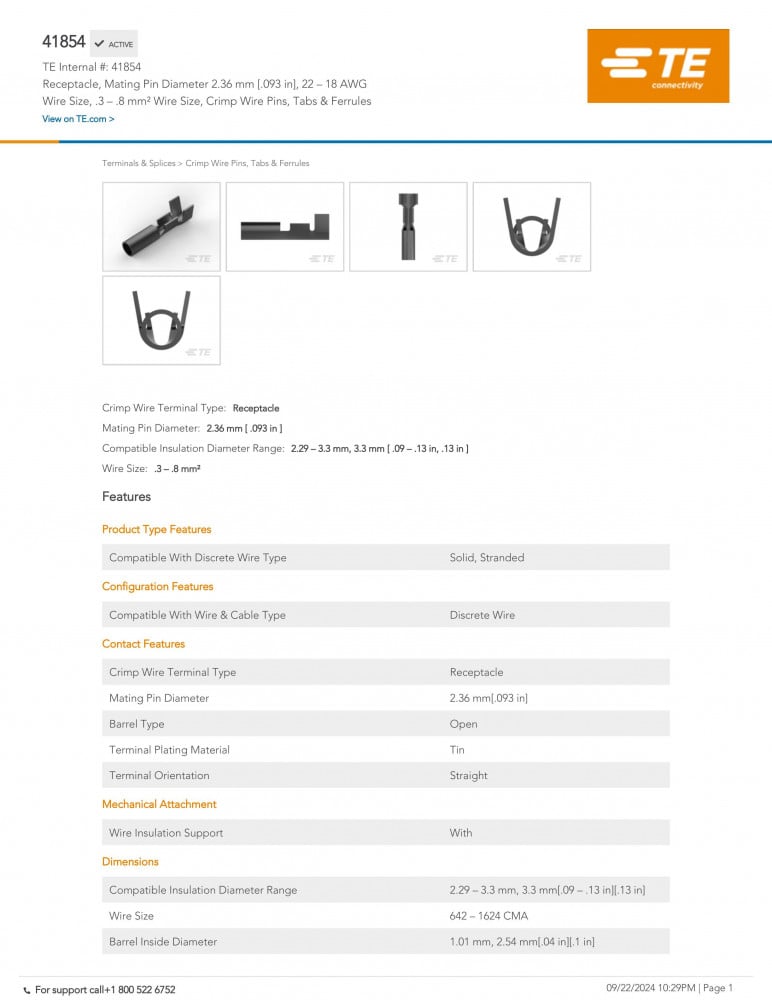 TE Connectivity 41854 technical document page 1