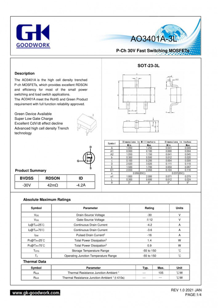 AO3401A-3L datasheet page 1