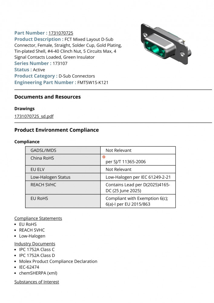 MOLEX 1731070725 product drawing, page 1