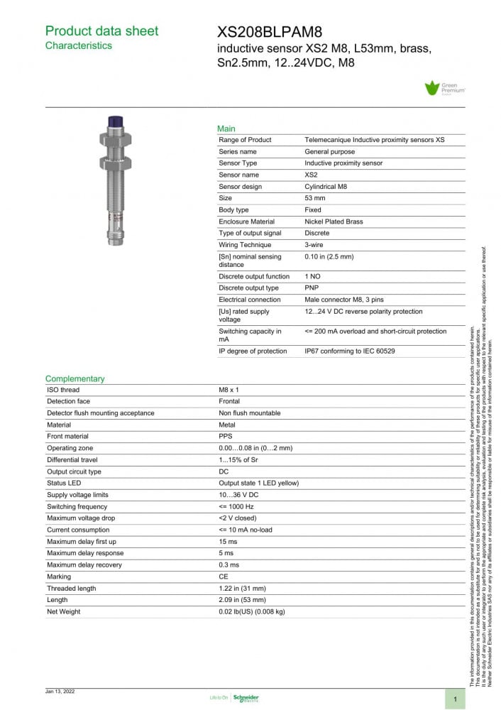 XS208BLPAM8 technical document page 1