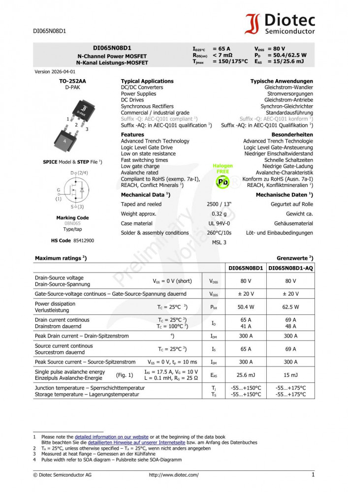 DI065N08D1 datasheet page 1