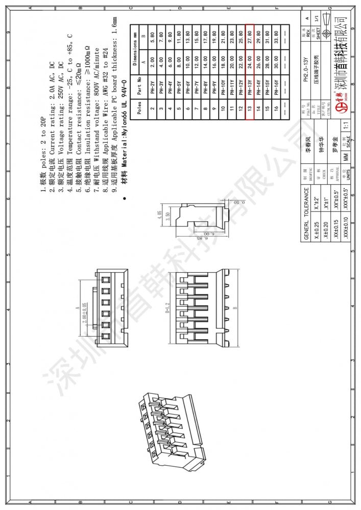 PH2.0-13Y technical document page 1