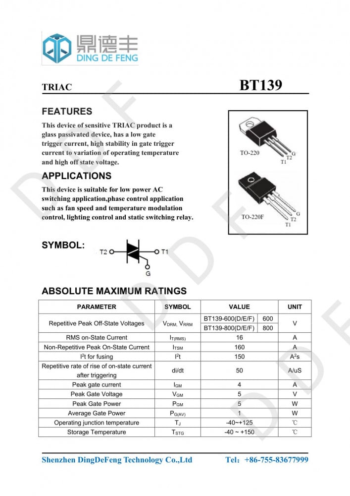 BT139 datasheet page 1