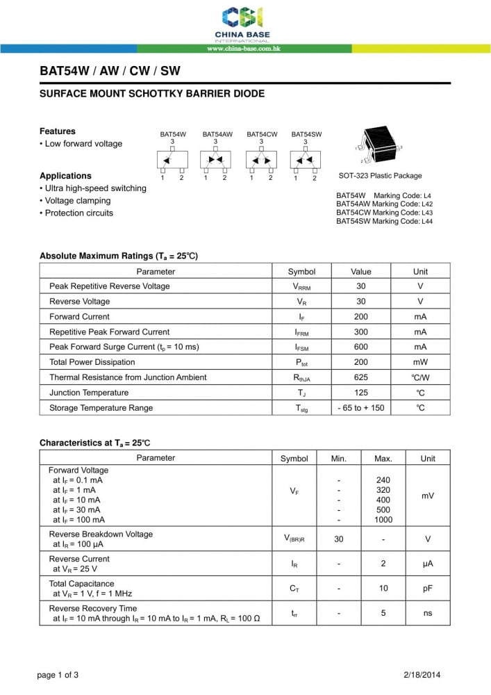 CBI BAT54CW datasheet page 1