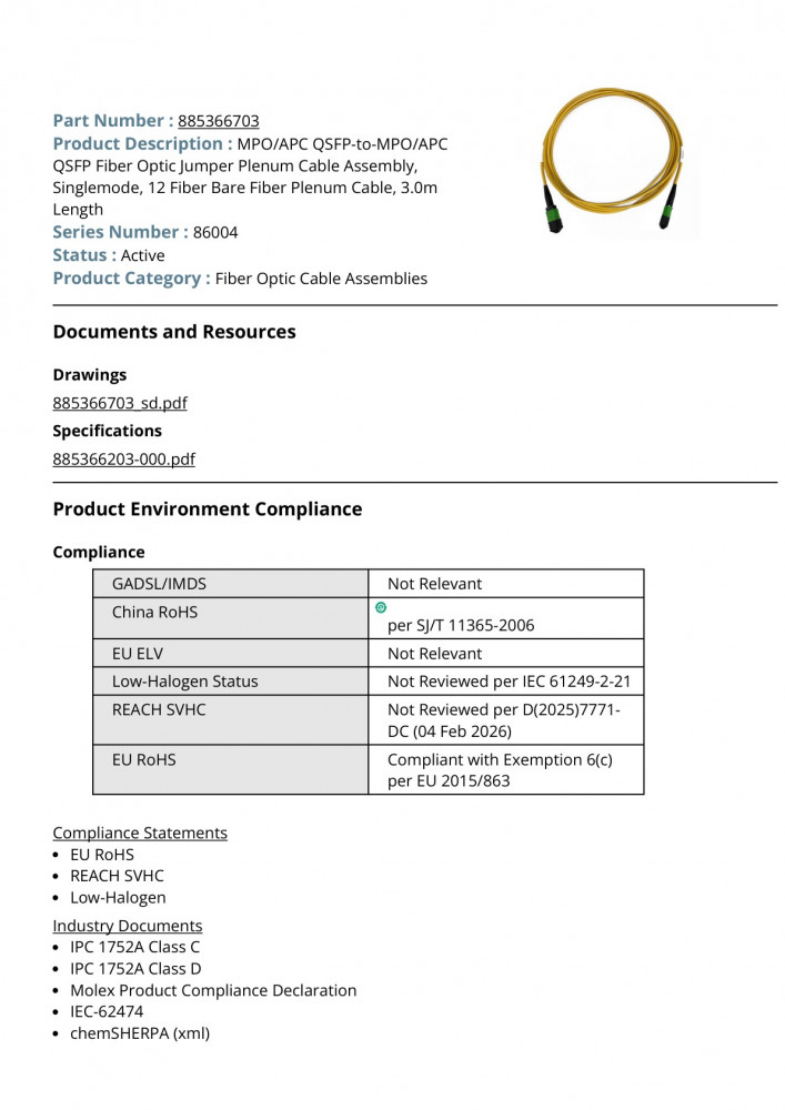 Product document image 1 for MOLEX 885366703