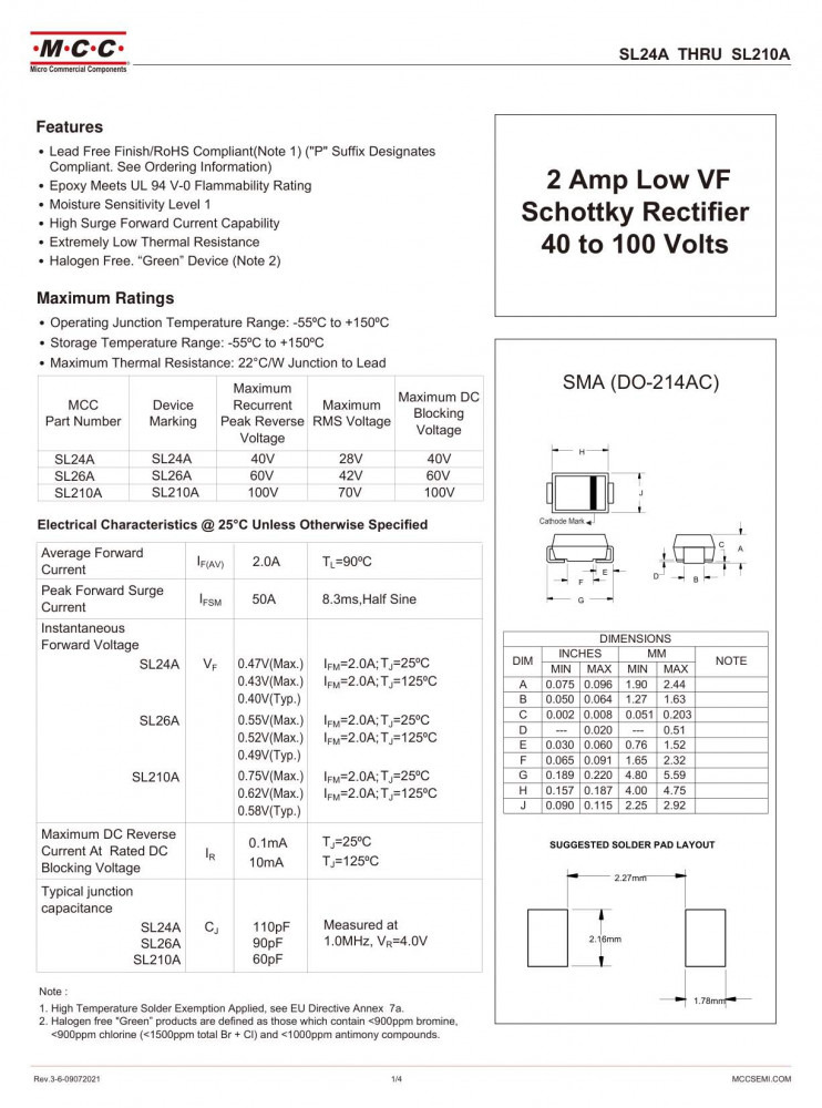 MCC SL210A-TP datasheet page 1