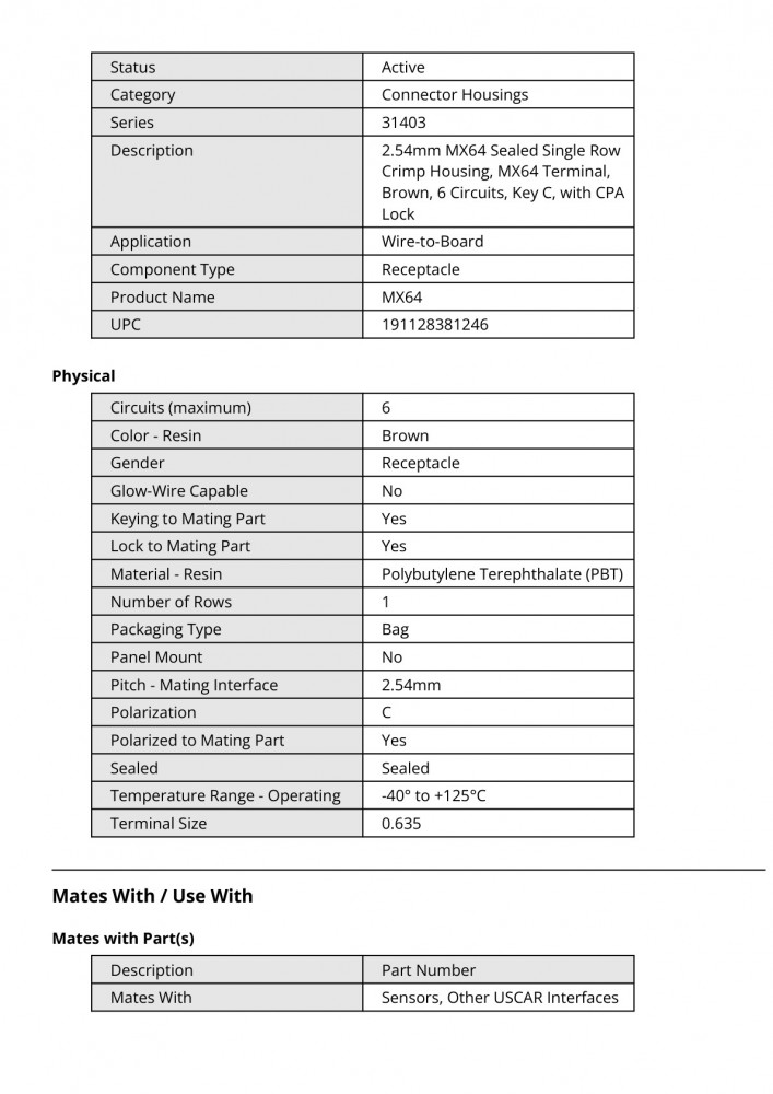 Technical document image 2 for MOLEX 314036310