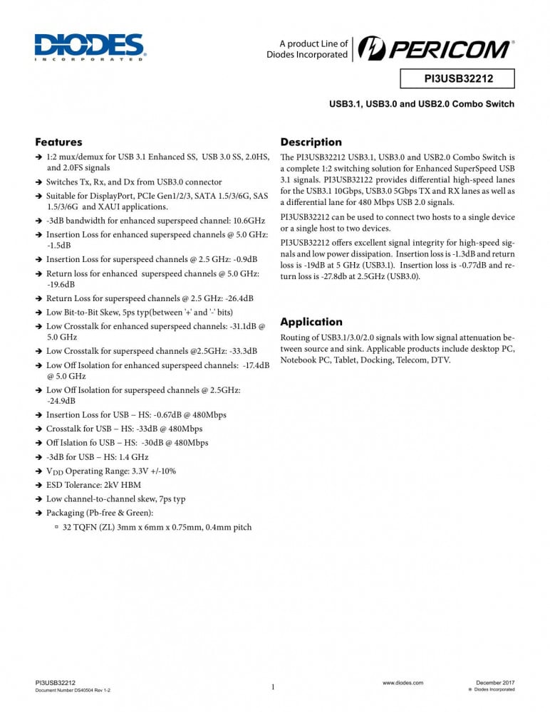 PI3USB32212ZLEX datasheet page 1
