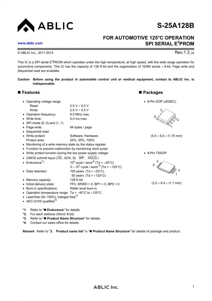 ABLIC S-25A128B0A datasheet page 1