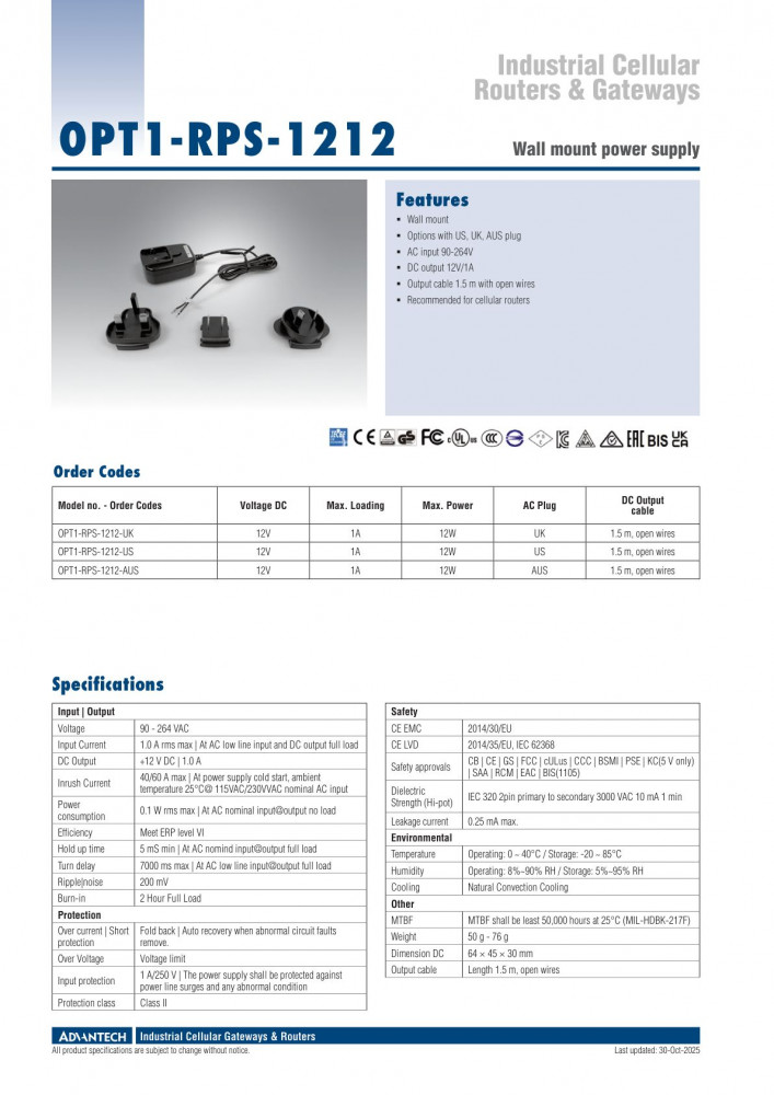 OPT1-RPS-1212-US product specification page