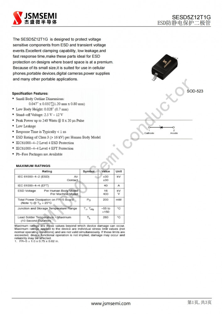SESD5Z12T1G datasheet page 1