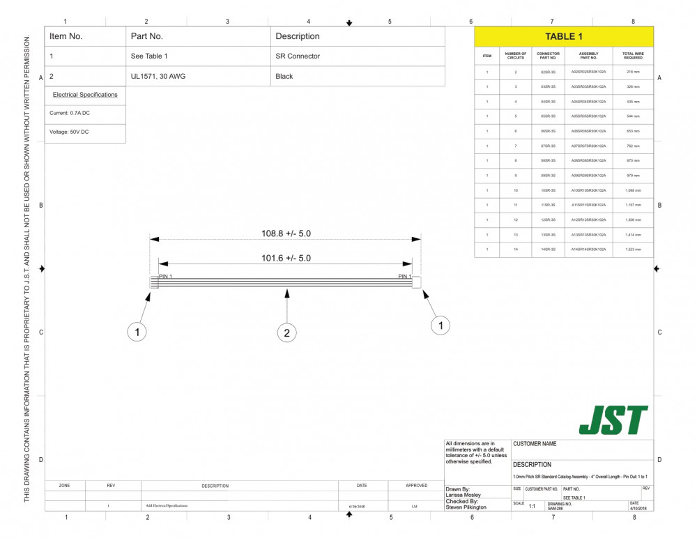JST SR connector assembly technical document