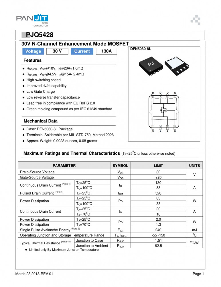 PJQ5428 datasheet page 1