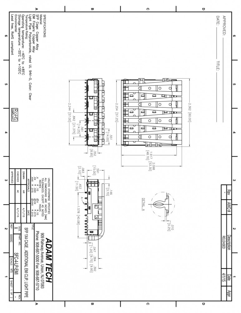 SFC-4-LP-EMI drawing sheet 1: specifications and mechanical views