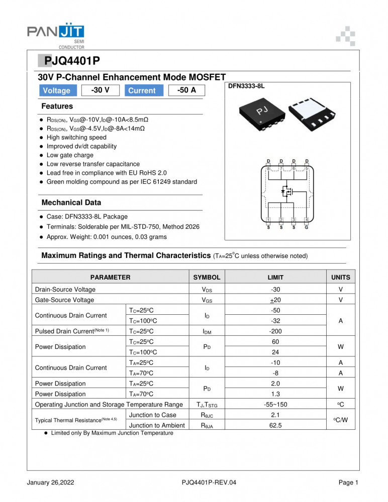 PJQ4401P datasheet page 1