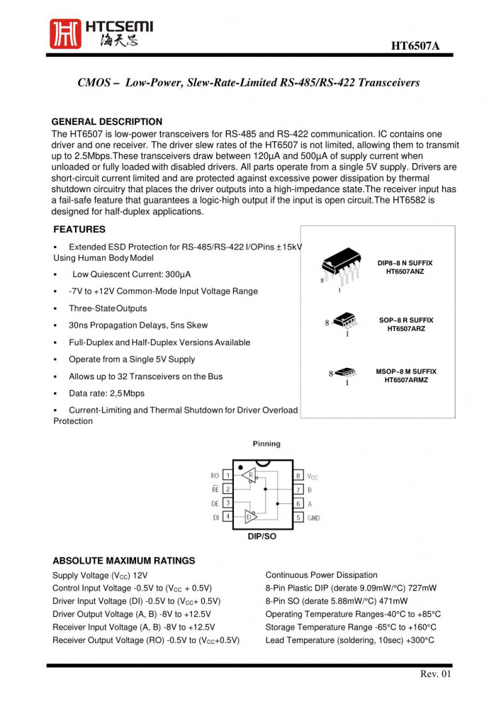 HT6507ARZ datasheet page 1